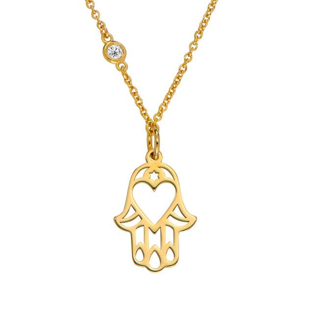 Cut-Out Hamsa Necklace with Diamond in 18K Gold Plating - IsraelBlessing