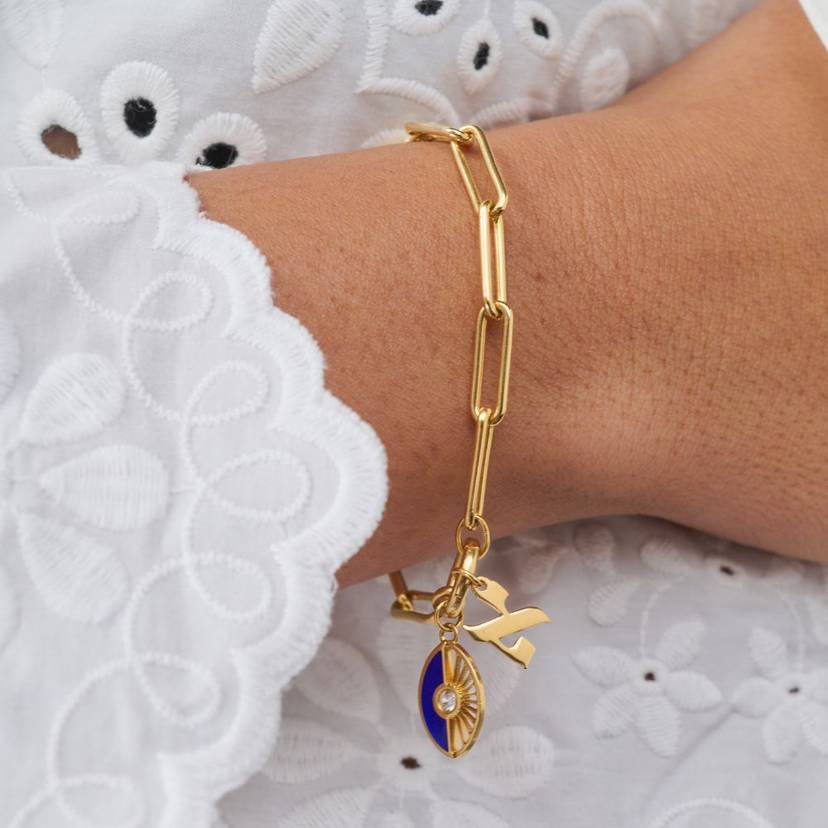 Diamond Evil Eye Link Bracelet with Initials in Gold Vermeil - Israel ...