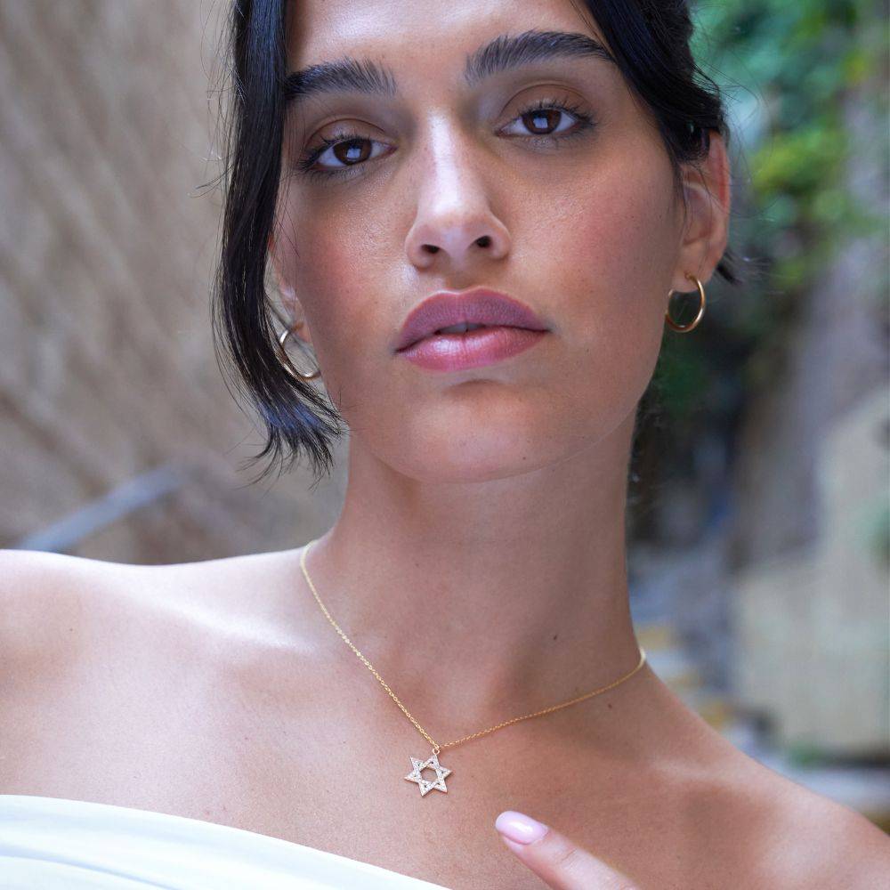 Diamonds Pave Star of David Necklace in 10K Yellow Gold - Israel Blessing