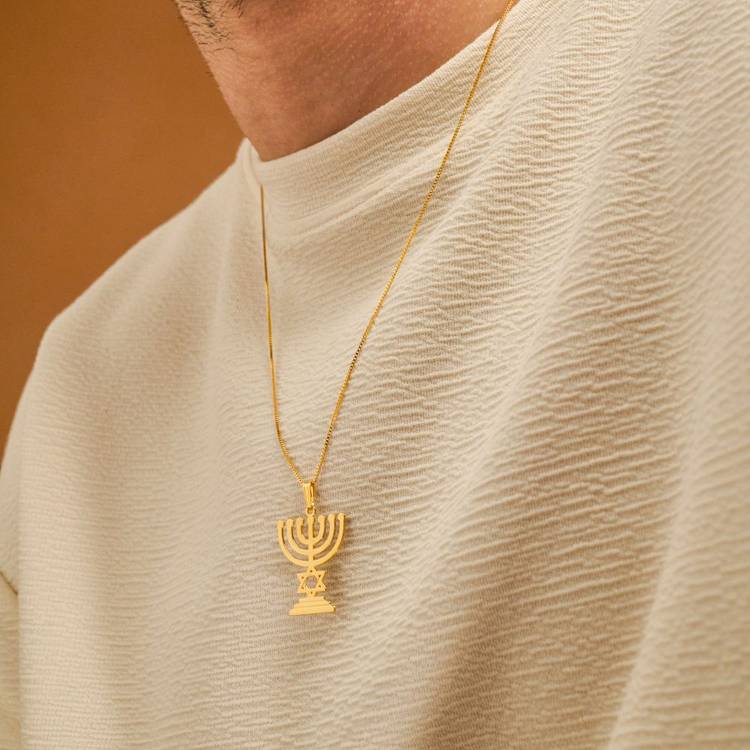 Menorah Necklace with Star of David in Gold Plating - IsraelBlessing